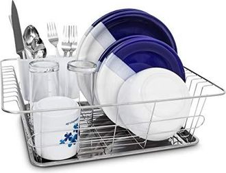 Relaxdays Abtropfgestell L, Edelstahl, mit Abtropfgitter & Auffangwanne, Teller & Besteck, 39,5 x 30,3 x 12,5 cm, Silber