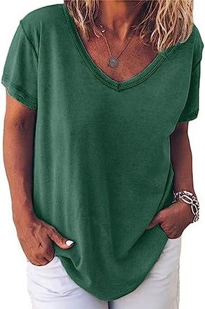 Minetom T Shirt Femme Col V Manche Courte Ete Sexy Imprimé Top Lâches T-Shirt Couleur Pure Confortable ÉLastiques Haut B Armée Verte 50