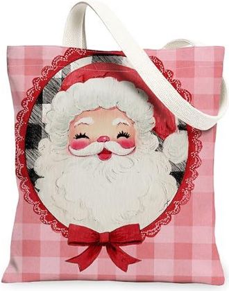 Generic Sacs fourre-tout en toile motif P&egrave;re No&euml;l, mignon vintage vacances, sacs d&eacute;picerie r&eacute;utilisables, l&eacute;gers et lavables avec bandouli&egrave;re Ca, p&ecirc;che, 13x15