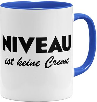 OM3 NIVEAU ist keine Creme Kaffee-Tasse mit lustigem Spruch | Keramik Becher | 11oz 325ml | Fun Parodie Statement Sarkastisch Spruch | Blau