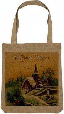 Fabulous Sac Shopping Tote Bag Aspect Lin - Merry Christmas Peinture Vintage Noel Houx Neige - Sac de Courses Toile Epaisse 360g Beige Naturel Cabas Port&eacute; Epau