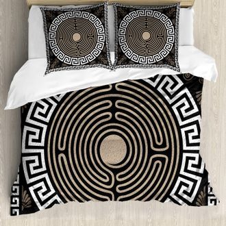 Abakuhaus Mäander Bettwäsche Set für Doppelbetten, Typisch Griechisch Wellen, Weicher Microfaserstoff Allegigeignet kein Verblassen, Dunkelbraun Kokosnuss Ecru 