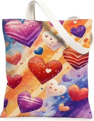 Generic Sacs fourre-tout en toile &agrave; motifs de coeurs color&eacute;s, sacs d&eacute;picerie r&eacute;utilisables pour la Saint-Valentin, l&eacute;gers et lavables, color&eacute;, 13x15 Inch