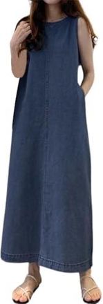Generic Robe d&eacute;t&eacute; longue sans manches en jean pour femme avec poche, col rond, coupe ample, style boh&egrave;me, Bu2, 3XL