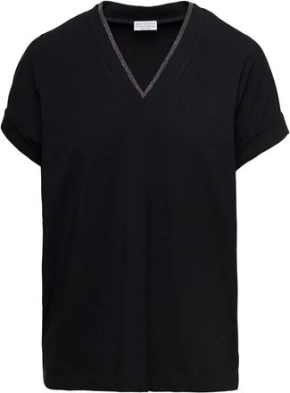 Brunello Cucinelli Femme, Tops, Noir, Taille: 42 FR T-shirt &agrave; col en V Monili