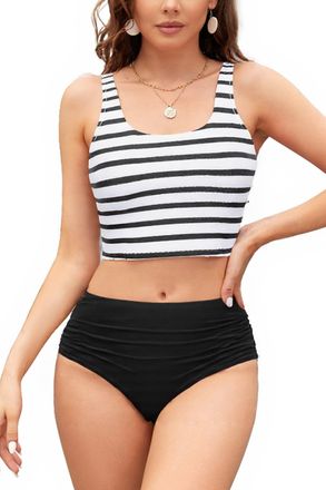 SHEKINI Damen Tankini Set Zweiteiliger Bauchweg Bademode Badeanzug Tankinioberteil und Hoher Taille Badehose Badebekleidung Beachwear