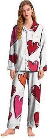 Generic Pyjama de Saint-Valentin pour femme - Tenue de Saint-Valentin avec noeud, motif coeurs et boutons - Pyjama doux 2 pi&egrave;ces - Legging de sport 3/4 pour f