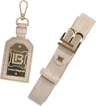 Laura Biagiotti Damen Geschenkset - G&uuml;rtel mit LB-Logo & Schl&uuml;sselanh&auml;nger, Kunstleder Krokodilpr&auml;gung, Beige