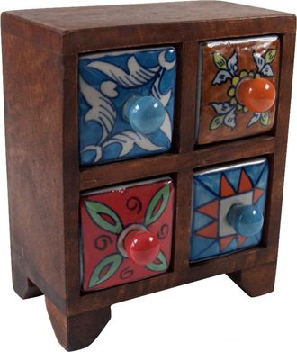 Guru Shop Apothekerschränkchen mit Bunten Keramik Schubfächern, Gewürzkiste - 2x2 Fächer Modell 3, 18x15x8 cm