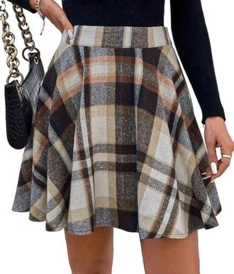 Minetom Jupe Femme Hiver Vintage &Eacute;l&eacute;gant Taille Haute Carreaux Taille &Eacute;lastique Mini Jupe Laine Chaud A-Line Pliss&eacute;e Jupe Casual Party A Marron S