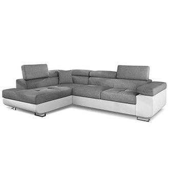 Menzzo Canape Convertible dAngle Simili Blanc et Tissu Gris | Pieds chromés | Canape Lit avec têtière relevable| Large Accoudoir et Coussins Moelleux | Assis