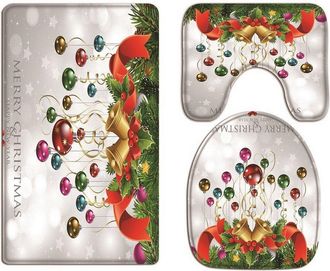 A.Monamour Badezimmer Badematte 3 Teilig Set Bunte Kugeln Glocken Bänder Weihnachten Urlaub Dekorationen Klar Flanell Waschbar Teppich Flanell Saugfähig Badteppi