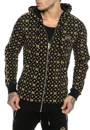 Red Bridge Designer Hoodie - Bedruckter Zip-Hoodie mit Kapuze und Allover-Muster - Streetwear Sweatjacke mit Reißverschluss im Luxus-Stil Schwarz XXL