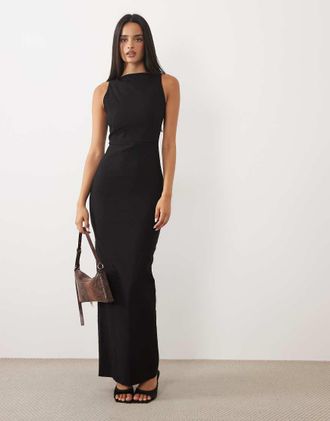Vesper robe longue &agrave; col montant et dos nu en bengaline noire