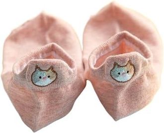 Generico Chaussettes de cheville avec broderie chat de dessin anim&eacute;, chaussettes d&eacute;collet&eacute;es pour femme, 5 Paires Pink, Taille Unique