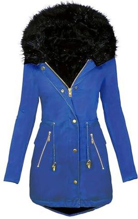 Generic Parkas Manteau matelass&eacute; mi-long avec capuche en fausse fourrure et cordon de serrage &agrave; la taille pour femme, bleu marine, L