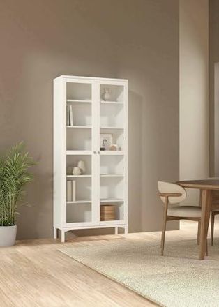 Dmora Vitrine Felicie, Glas-Sideboard, Mehrzweckvitrine, H&auml;ngendes B&uuml;cherregal mit Glast&uuml;ren, 89x36 h203 cm, Wei&szlig;