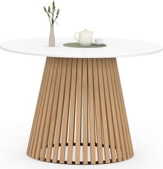 IDMarket Runder Esstisch CARMEN 6 Personen Holzfuß aus Latten und weiße Holzplatte 110 cm