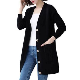 Generic Cardigan dhiver vintage r&eacute;tro tricot&eacute; avec col en V et poches unies pour femme, noir, Taille XS