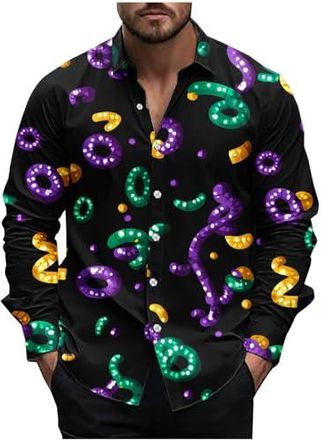 Generic Chemise de bowling color&eacute;e boutonn&eacute;e en satin &agrave; manches longues pour homme - Haut d&eacute;contract&eacute; &agrave; manches longues pour carnaval, bo&icirc;te de nuit, soir&eacute;e d