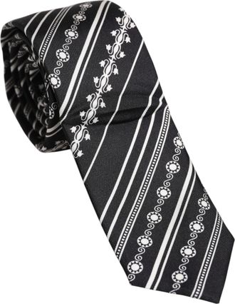 Dolce & Gabbana Mens Black White Stripes Silk Adjustable Necktie Tie And
