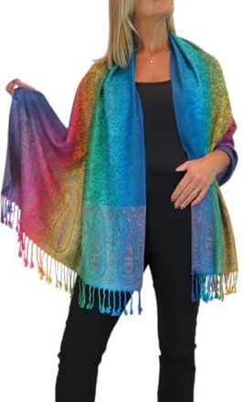 Paulo Due Foulard Pashmina Femme Arc-en-Ciel à Motif Floral et Paisley Châle Léger et Fin avec Franges Bleu