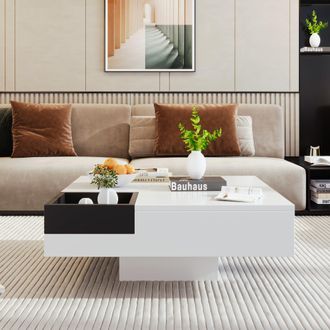 Merax Couchtisch Wohnzimmertisch Beistelltisch mit Herausnehmbarer Aufbewahrungsbox LED-Lichteffekt, Farbblockwei&szlig; und Schwarz A (72x72x30 cm)