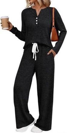 TOMWELL Pyjama Femme Hiver Ensemble Chic et Elegant Manches Longue Shirt et Pantalon &agrave; Jambes Larges A Noir L