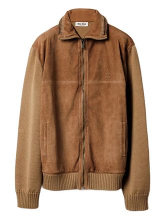 Miu Miu cardigan nervuré à empiècements en daim - Marron