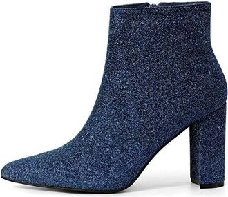 Allegra K Bottines &agrave; talon &eacute;pais &agrave; bout pointu paillet&eacute; pour femme, bleu marine, 41 EU