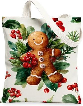 Generic Sacs fourre-tout en toile de pain d&eacute;pices, motif festif, sacs de courses r&eacute;utilisables, mignons, ludiques, l&eacute;gers et lavables avec bandouli&egrave;re pour &eacute;p