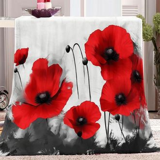 Generic Kuscheldecke Tuschemalerei Blumen Muster Kuscheldecke 180 x 200 cm Flauschig Flanell Tagesdecke Blanket Bequem und Warm Sofadecke Schwarz Rot f&uuml;r alle
