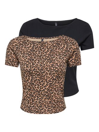 Only Kurzarmshirt ONLY ONLSUSAN SHORT S/S 2 PACK TOP CS JRS, Damen, Gr. XL, schwarz pack:leo, Jersey, Obermaterial: 95% Baumwolle, 5% Elasthan, bedruckt, u