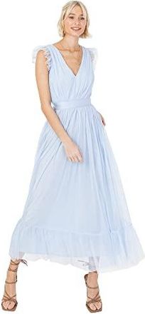 Anaya with Love Ladies Maxi Dress for Women V Neckline Sleeveless Frilly for Wedding Guest Bridesmaid Prom Long High Empire Waist Tiered, Robe Femme, Light Blue
