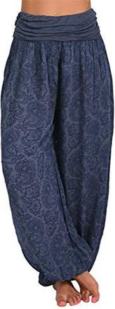 Minetom Femme Harem Pantalon Yoga Sarouel Legers Hippie Baggy Léger Ethnique Calqué Smockée Taille Haute avec Poches Été Plage Pantalon Aladin Jogging Bleu Fo