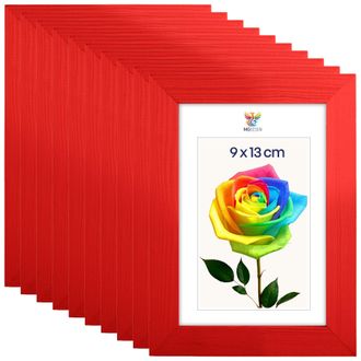 MG Design 10er Set Bilderrahmen 9 x 13 cm - Fotorahmen mit Rot Echtholzrahmen und bruchsicherem Acrylglas, Hoch & Quer zum Aufh&auml;ngen, zum Aufstellen