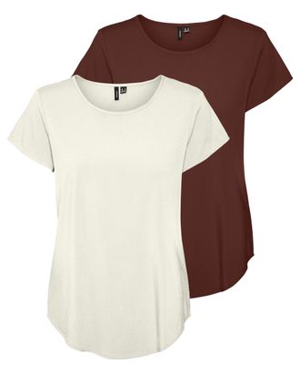 Vero Moda Damen VMBELLA SS TOP 2-Pack WVN GA Kurz&auml;rmeliges Rundhals Shirt, Fired Brick/Cannoil Cream, XXL