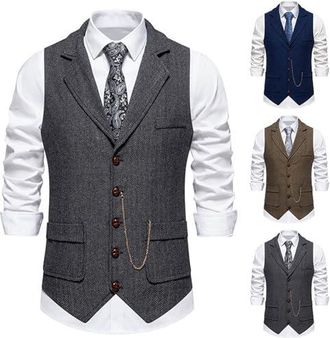 Generic Gilet de costume pour homme vintage - Gilet sportif &eacute;l&eacute;gant - Coupe droite - Gilet pour homme - Col en V - Sans manches - Avec 5 poches &agrave; boutons - Gi