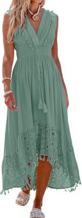 Cupshe Robe longue pour femme avec col en V et dentelle sans manches et pompons, taille smockée, vert menthe, Taille M