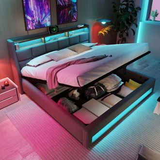Generic Polsterbett mit LED-Beleuchtung, Doppelbett mit Lattenrost aus Metallrahmen, gepolstertes Kopfteil aus Leinenstoff, modernes Jugendbett mit praktische