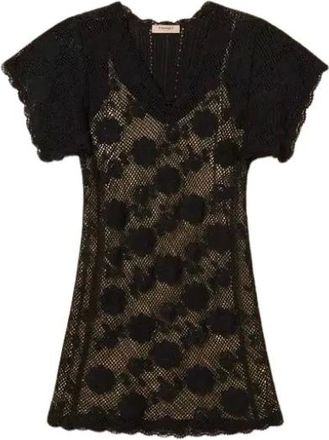 Twinset Femme, Robes, Noir, Taille: 40 FR Robe Courte en Maille de Coton &agrave; Effet Crochet