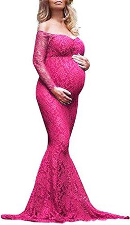 Ibtom Robe Grossesse de Photographie El&eacute;gante Vetements Maternit&eacute; Robe Longue en Dentelle Epaule D&eacute;nud&eacute; Femme Enceinte Costume Habill&eacute;e de Shooting Photo Pl