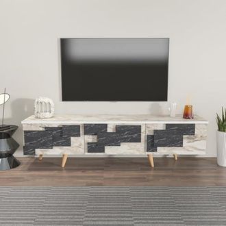 Hanah Home Stylish TV Stand, White & Marble, 160 cm x 45 cm x 35 cm | 100% Melamine Coated Particle Board, 18 mm Thick | Modern Design for Living Room & Entertai