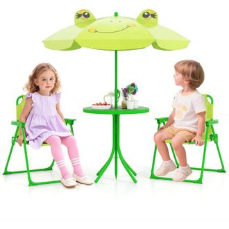 Costway Costway - Salon de Jardin 4 Pi&egrave;ces pour Enfants de 3 &agrave; 6 Ans, Table + Parasol R&eacute;glable en Hauteur + 2 Chaises Pliantes, Vert clair