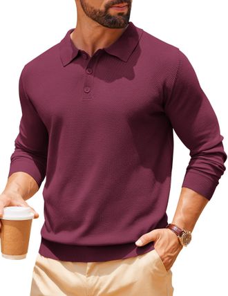 Coofandy Strickpullover Herren Slim Fit Poloshirt Langarm Business Pullover mit Polo Kragen Winter Feinstrickpulli Thermo Dunkelrot L