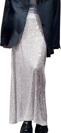 Generic Jupe amincissante &agrave; paillettes taille haute pour femme - Taille &eacute;lastique - Jupe droite taille haute - Plus, blanc, XXL