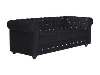 Vente-Unique Chesterfield 3-Sitzer-Sofa, Velours, Schwarz mit Kristallen