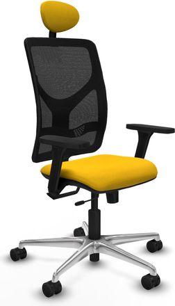 Piqueras y Crespo Stuhl mit 3D-Armlehnen, h&ouml;henverstellbarer Lendenwirbelst&uuml;tze und festem Kopfteil, ausgestattet mit Syncro/Traslack und Schneideschaum. Schwarz/Gelb