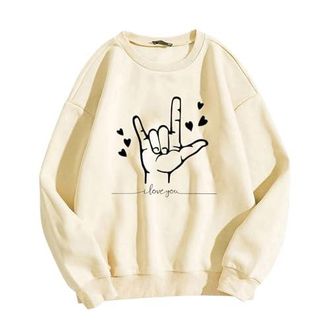 Generic Sweat-shirt &agrave; manches longues et col rond imprim&eacute; coeur I You pour femme, beige, XXL