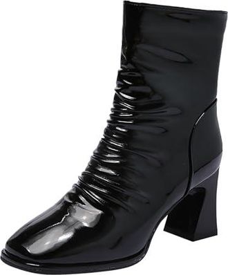 Generic Bottines mi-hautes tendance en cuir synthétique pour femme - Couleur unie - Semelle épaisse - Talon carré - Fermeture éclair, Noir, 38.5 EU